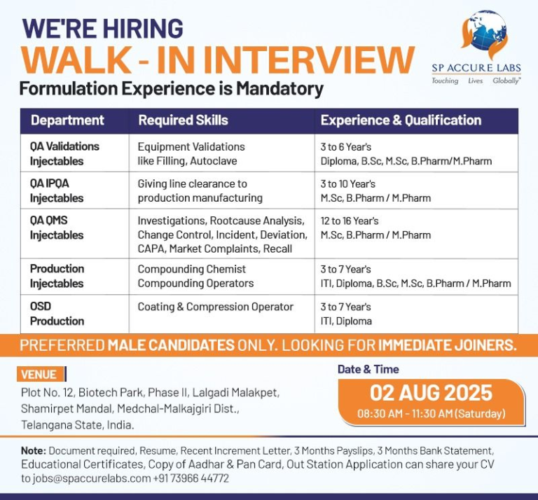 SP Accure Labs Hiring For QA Validations, IPQA, OMS, and Production