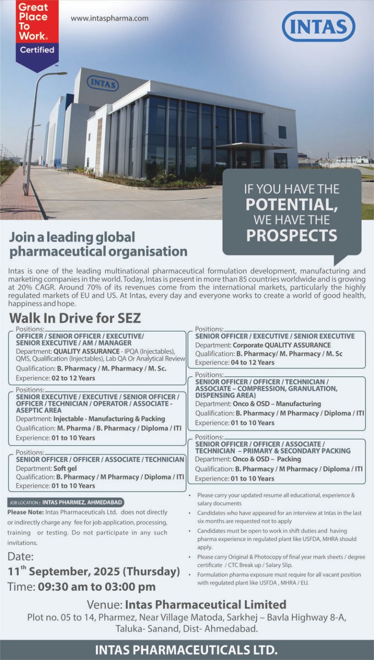 Intas Pharmaceuticals Hiring Quality Assurance / Manufacturing / Packing