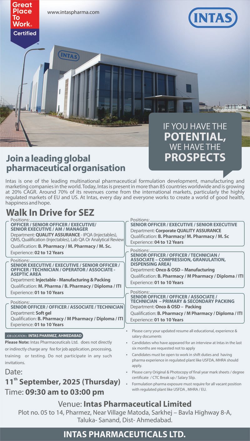Intas Pharmaceuticals Hiring Quality Assurance / Manufacturing / Packing