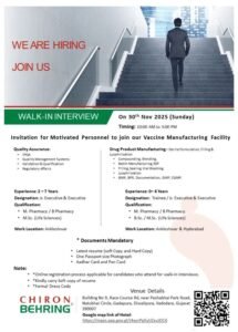 Freshers Needed In QA, Drug Product Manufacturing At Chiron Behring
