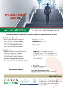 Freshers Needed In Quality Assurance / Quality Control At Chiron Behring