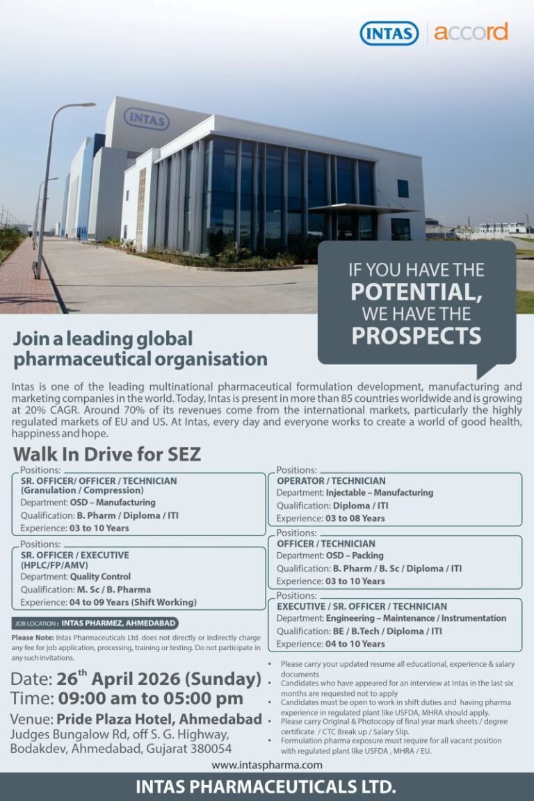 Intas Pharmaceuticals Hiring For OSD Manufacturing, Quality Control ...