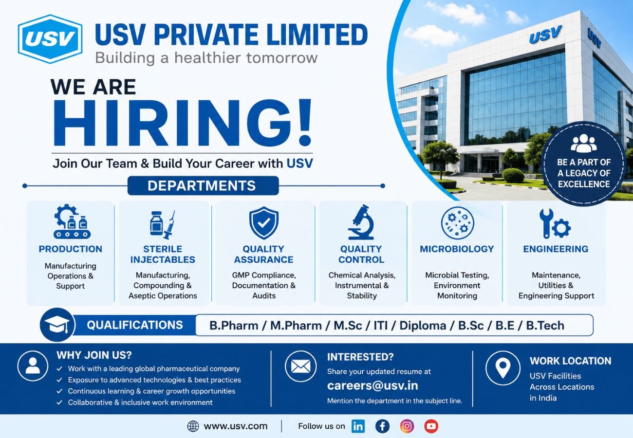 USV Private Hiring For Production, Sterile Injectables, Quality ...