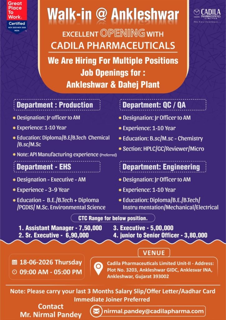Cadila Pharmaceuticals Hiring For Production / Quality Control ...