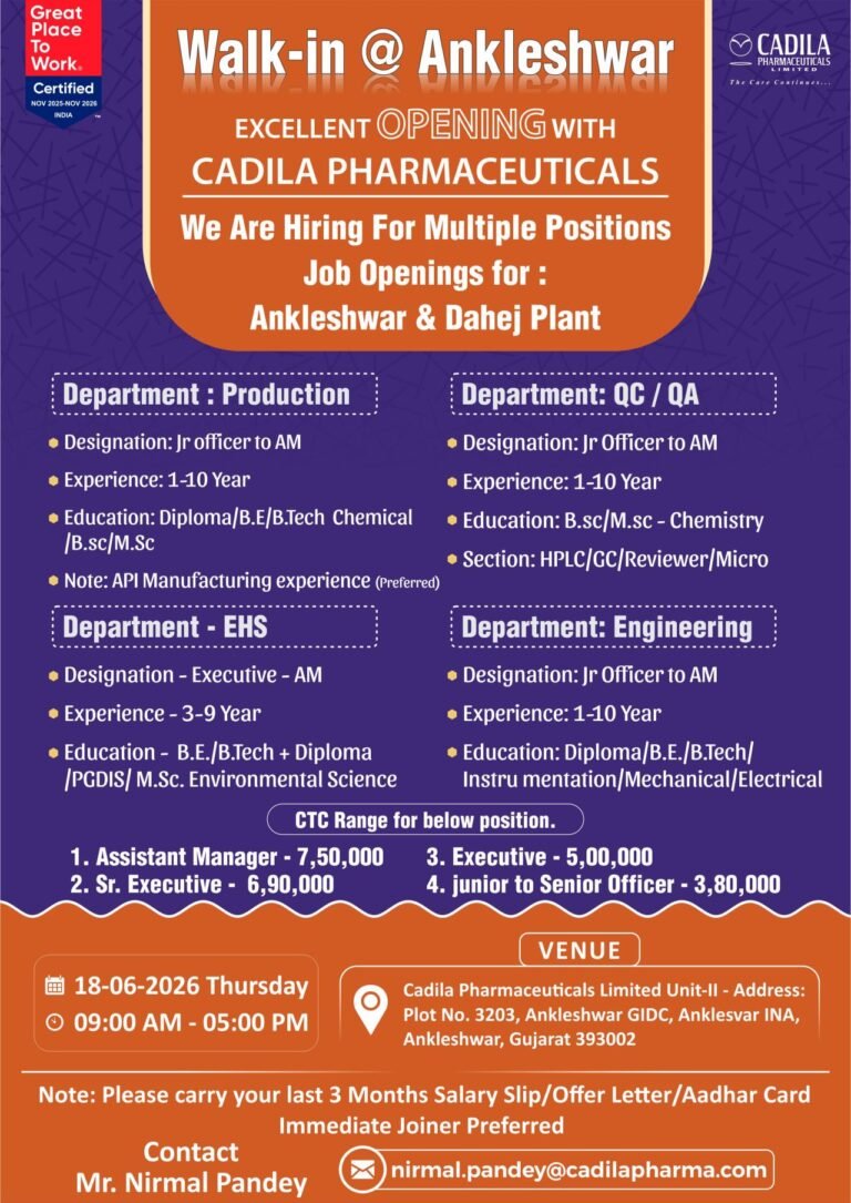 Cadila Pharmaceuticals Hiring For Production / Quality Control ...