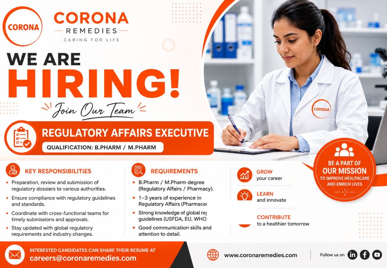 Corona Remedies Hiring For Regulatory Affairs Executive
